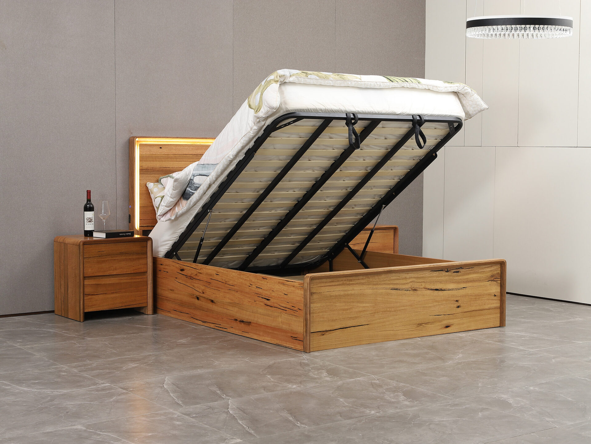 PETERMANN KING GAS LIFT BED WITH STRIPE LEDS | Marri & Marri Veneer ...